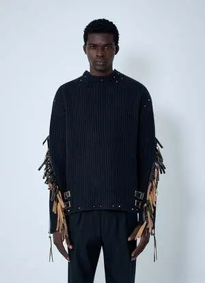 Prada Leather Embellished Wool Sweater - Black