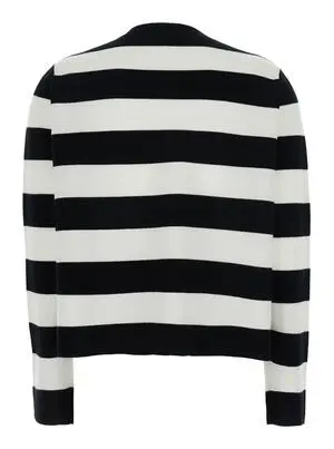 Max Mara Viterbo' Black And White Crewneck Sweater With Embroidery On The Front And All-over Striped Motif In Wool - Multicolor