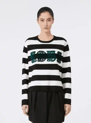 Max Mara Viterbo' Black And White Crewneck Sweater With Embroidery On The Front And All-over Striped Motif In Wool - Multicolor