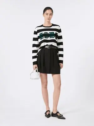 Max Mara Viterbo' Black And White Crewneck Sweater With Embroidery On The Front And All-over Striped Motif In Wool - Multicolor