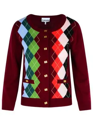 GANNI Burgundy Merino Wool Blend Check Cardigan - Multicolor