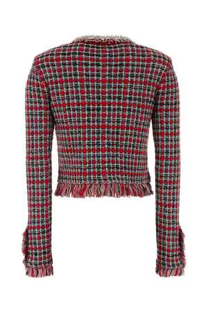 SELF-PORTRAIT Red Check Frayed Knit Jacket