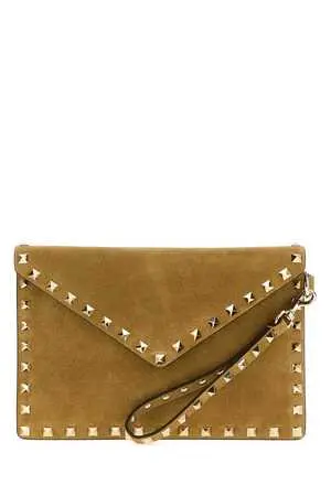Valentino Garavani Camel Suede Rockstud Clutch - Brown
