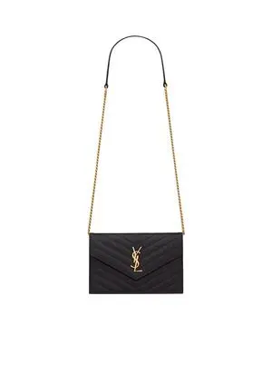 Saint Laurent Classic Cassandre Chain Envelope Clutch In Grain De Poudre Leather - Black