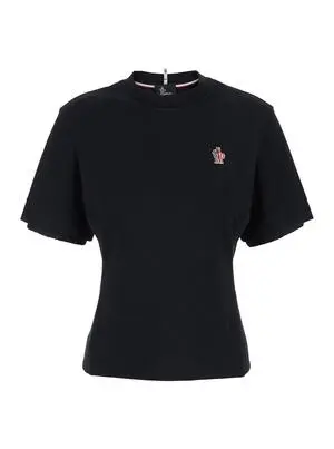 Moncler Crew Neck T-shirt With Logo On Front And Back In Tech Fabric Black - Multicolor