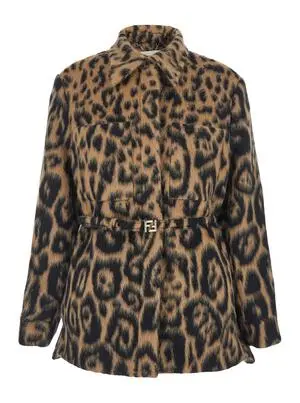 Fendi Coat With Ff Buckled Belt On The Front And All-over Leopard Motif In Wool Blend - Multicolor