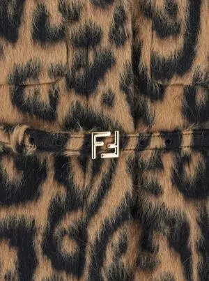 Fendi Leopard Motif Wool Blend Coat With Ff Buckled Belt - Multicolor