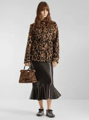 Fendi Leopard Motif Wool Blend Coat With Ff Buckled Belt - Multicolor