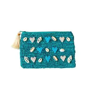OHSUN Blue / White Juno Embroidered Raffia Clutch Turquoise