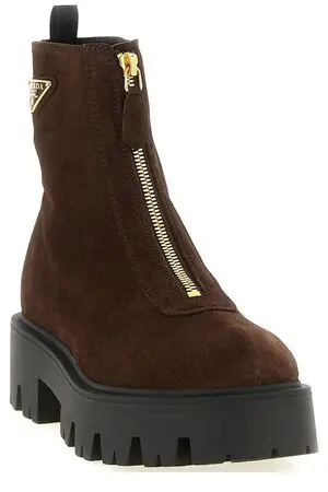 Prada Triangle-logo Zipped Boots - Brown