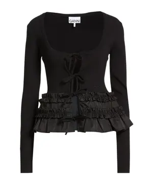 GANNI Solid Color Ribbed Long-sleeved Top - Black