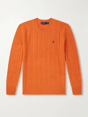 Polo Ralph Lauren Logo-embroidered Cable-knit Wool And Cashmere-blend Sweater - Orange