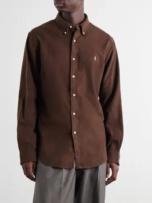 Polo Ralph Lauren Button-down Collar Logo-embroidered Cotton-flannel Shirt - Brown