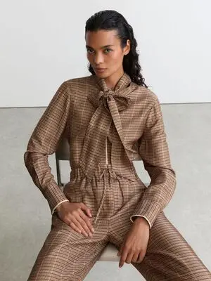 REISS Minnie Check Tie-neck Blouse - Neutral