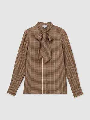 REISS Minnie Check Tie-neck Blouse