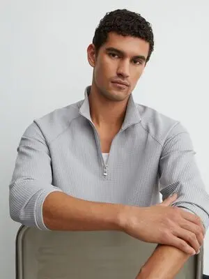 REISS Lennox Waffle Half-zip Funnel-neck Sweatshirt - Soft Blue