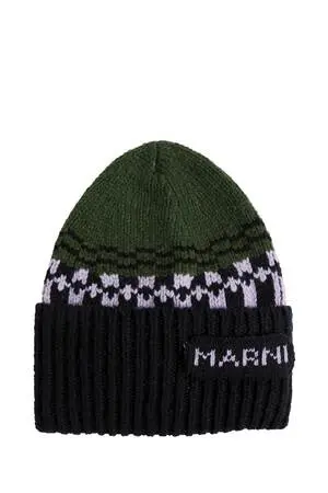 Marni Geometric Motif Wool Beanie - Green
