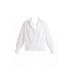 PAISIE Two-piece Pleated Waist Shirt Set With Lace Cami Underlay - White