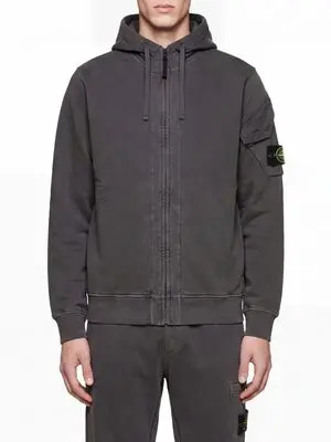 Stone Island Cotton Zip-up Hooded Jumper With Drawstring And Compass Logo - Grey
