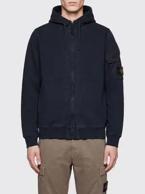 Stone Island Cotton Zip-up Hooded Jumper With Drawstring And Compass Logo Navy