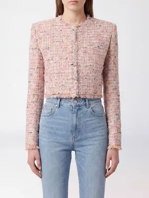 Balmain Cropped Bi Cotton Tweed Blazer With Fringed Trim - Multicolor