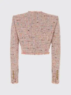Balmain Cropped Bi Cotton Tweed Blazer With Fringed Trim