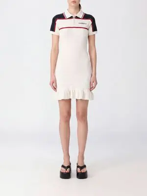 Casablanca Slim Fit Striped Knit Mini Polo Dress With Ruffled Hem - Navy