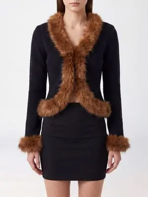 SELF-PORTRAIT V-neck Cardigan In Alpaca-wool Blend With Faux-fur Cuffs - Black