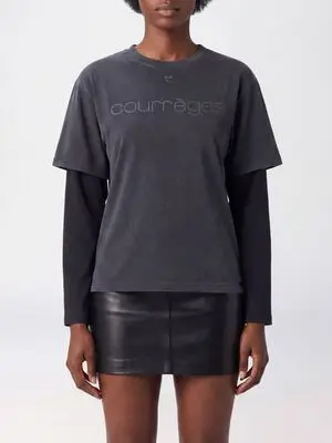 COURREGES Long-sleeved Cotton T-shirt With Tone-on-tone Logo - Grey