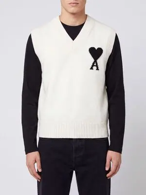 AMI Paris V-neck Wool Knit Jumper Vest With Contrast Logo - Beige