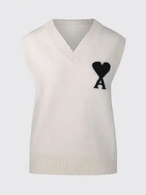 AMI Paris V-neck Wool Knit Jumper Vest With Contrast Logo