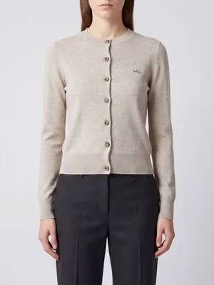 A.p.c. Crewneck Cardigan In Virgin Wool And Cotton Blend With Contrast Logo - Grey
