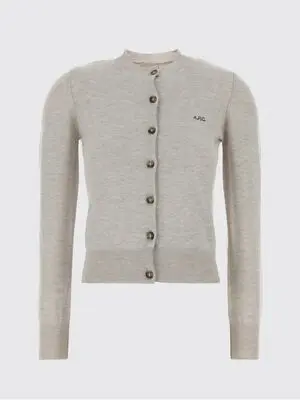 A.p.c. Crewneck Cardigan In Virgin Wool And Cotton Blend With Contrast Logo - Grey