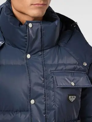 Philipp Plein Hooded Quilted Nylon Down Jacket With Patch Pockets And Logo - Blue