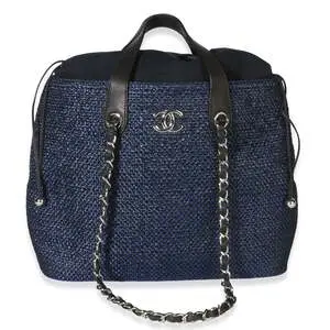 CHANEL Navy Blue Raffia CC Expandable Shopping Tote