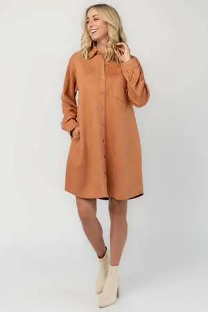 IN FEBRUARY Faux Suede Shirt Dress - Camel