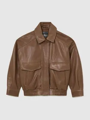 REISS Maeve Leather Twin-pocket Relaxed Jacket