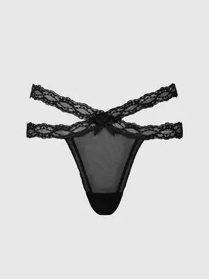 Frederick's Of Hollywood Stella Mesh & Lace Double Band Thong Black