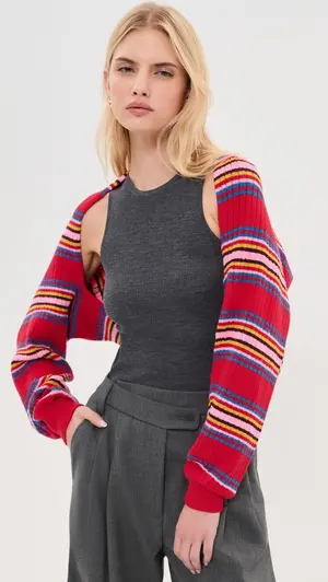 LE BOP Teller Convertible Shrug Cardigan - Red Stripe Multi