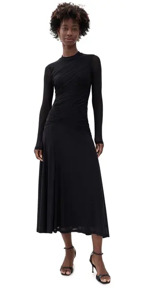 WAYF Selene Ruched Long Sleeve Dress - Black