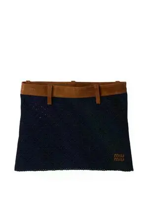 Miu Miu Cotton Crochet And Suede Miniskirt - Blue