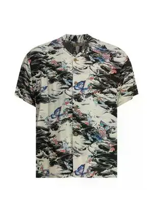 SUN SURF Butterfly-print Camp-collar Shirt - Black