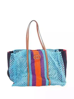 Gucci Interlocking G Web Raffia With Leather Medium Tote Bag - Blue