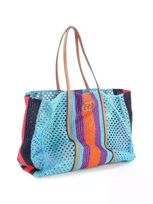 Gucci Interlocking G Web Raffia With Leather Medium Tote Bag