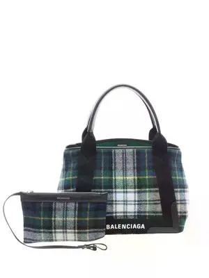Balenciaga 2018-2026 Plaid Wool Navy Cabas S Tote Bag - Green
