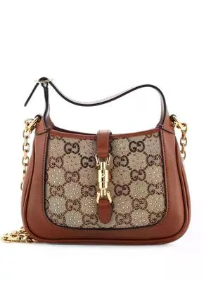 Gucci Jackie 1961 Chain Crystal Embellished Gg Canvas Mini Hobo Bag - Brown
