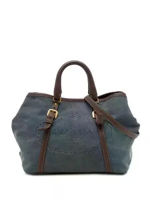 Prada 2010-2026 Vitello Daino Trimmed Canvas Canapa Logo Satchel - Blue