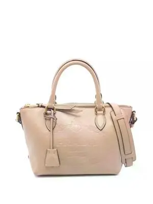 Prada 2013-2026 Small Embossed Glace Calf Logo Convertible Satchel - Neutrals