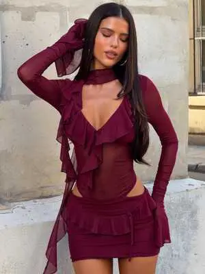 OUTCAST Avaline Mini Dress Burgundy - Red