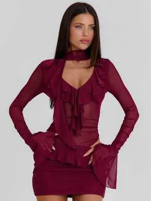 OUTCAST Avaline Mini Dress Burgundy - Red